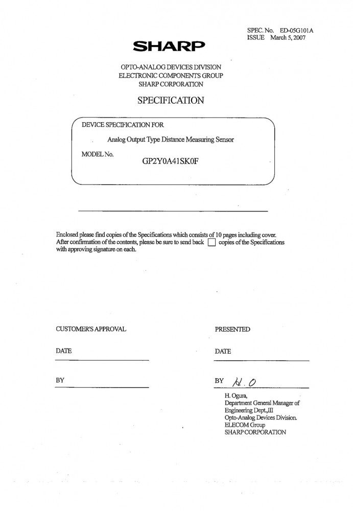 GP2Y0A41SK0F datasheet page 1