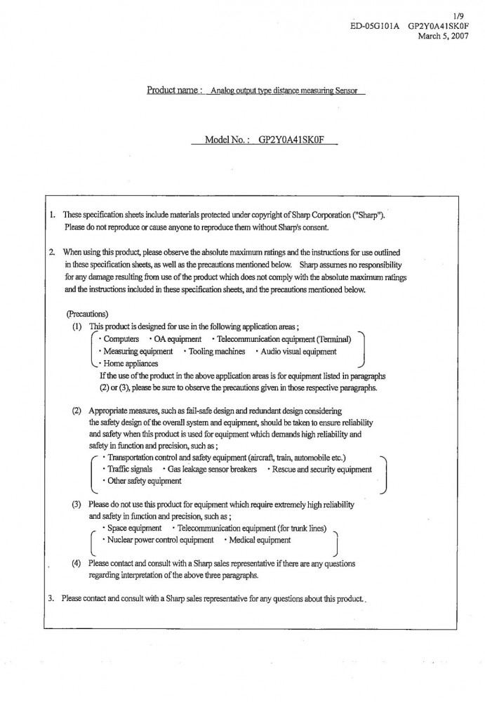 GP2Y0A41SK0F datasheet page 2