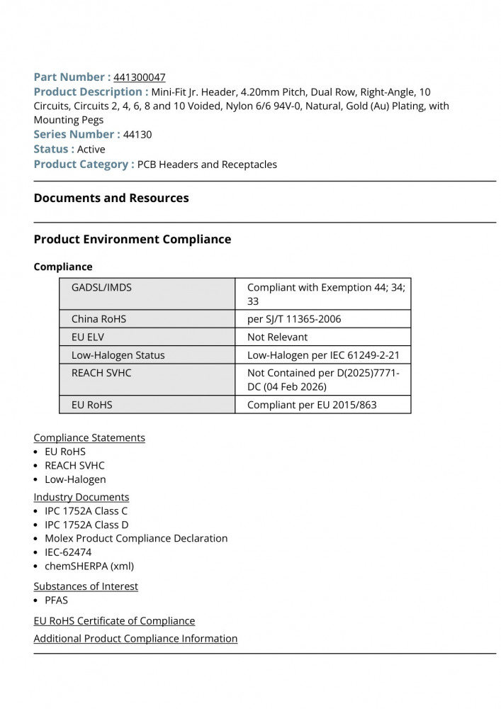 MOLEX 441300047 document image, page 1