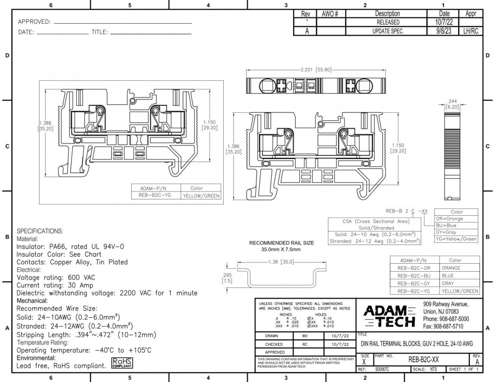 ADAM TECH REB-B2C-XX rail terminal block drawing preview