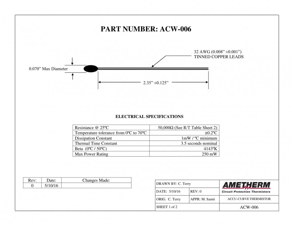 Ametherm ACW-006 electrical specifications, page 1