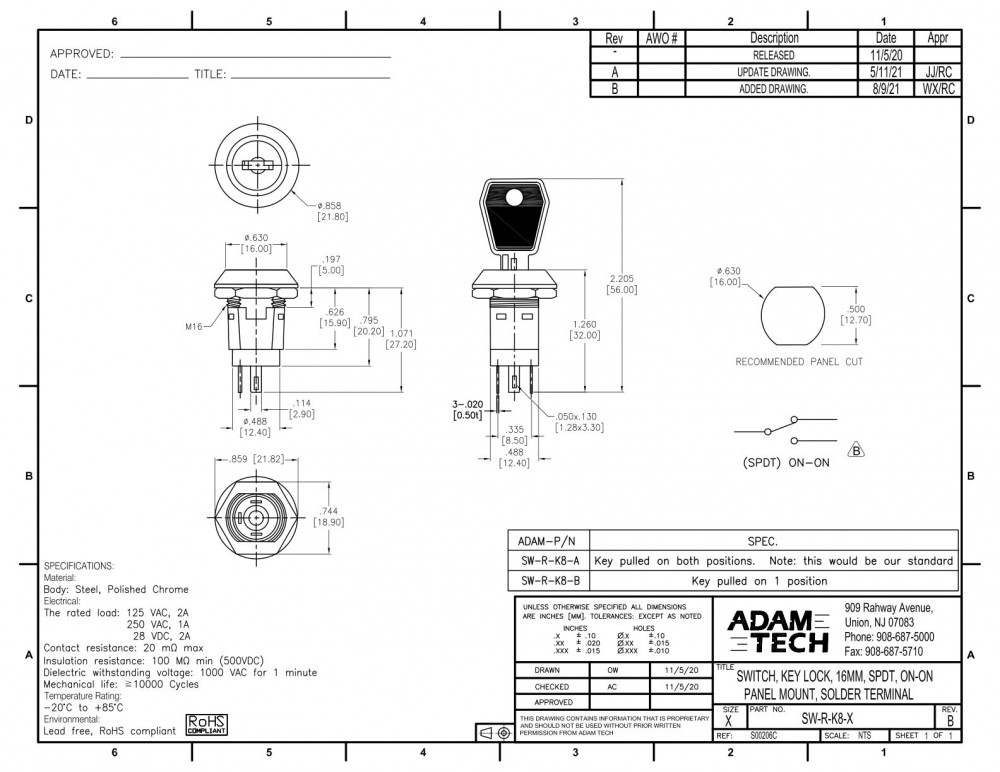 ADAM TECH SW-R-K8 key-lock switch technical drawing