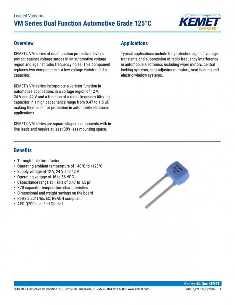 KEMET VM series datasheet page 1