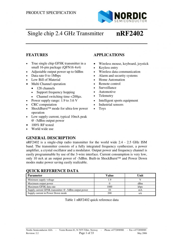 nRF2402 datasheet page 1