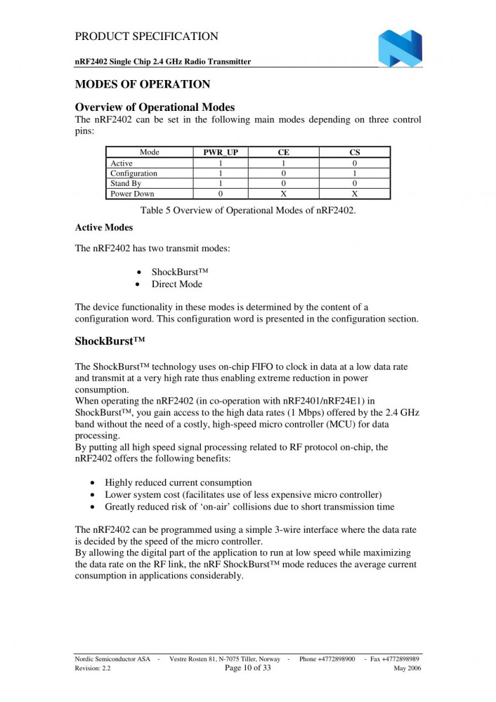 nRF2402 datasheet page 10