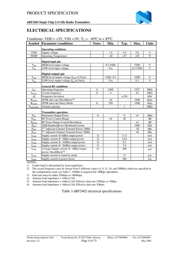 nRF2402 datasheet page 4