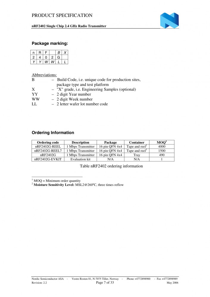 nRF2402 datasheet page 7