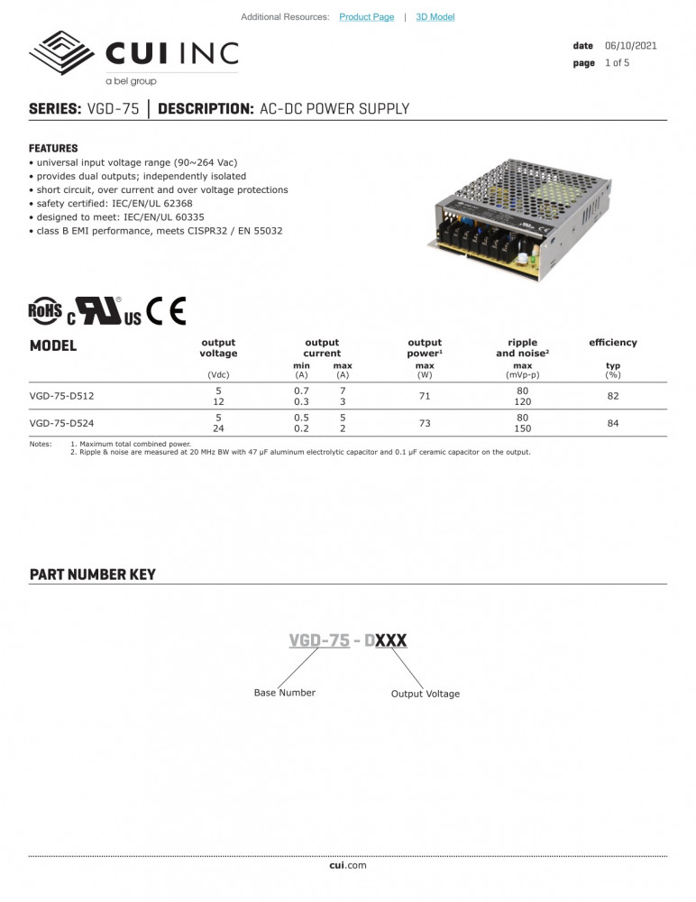 CUI VGD-75-D512 datasheet page 1