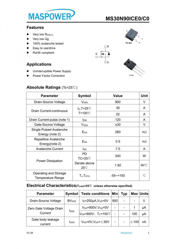 MS30N90ICC0 datasheet page 1