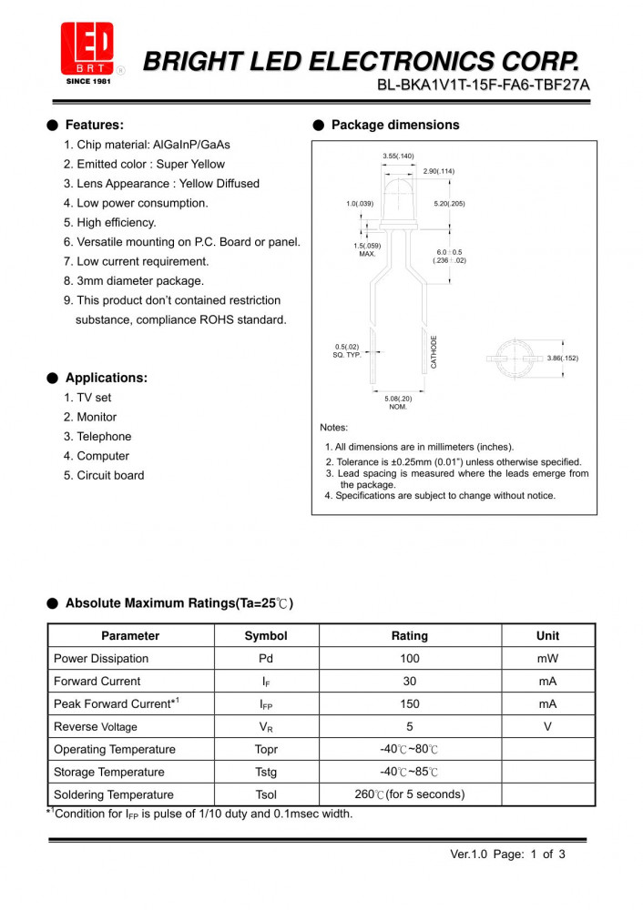 BL-BKA1V1T-15F-FA6-TBF27A datasheet page 1