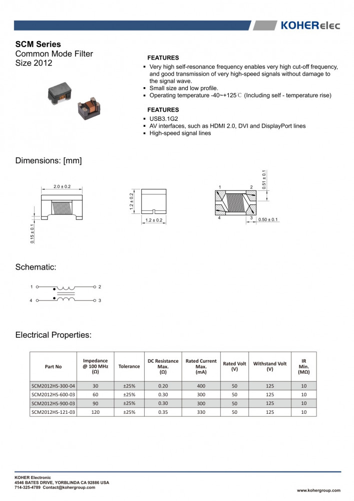 SCM Series common mode filter datasheet page 1
