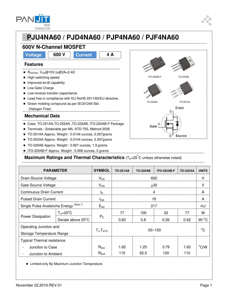 PANJIT PJD4NA60 datasheet page 1