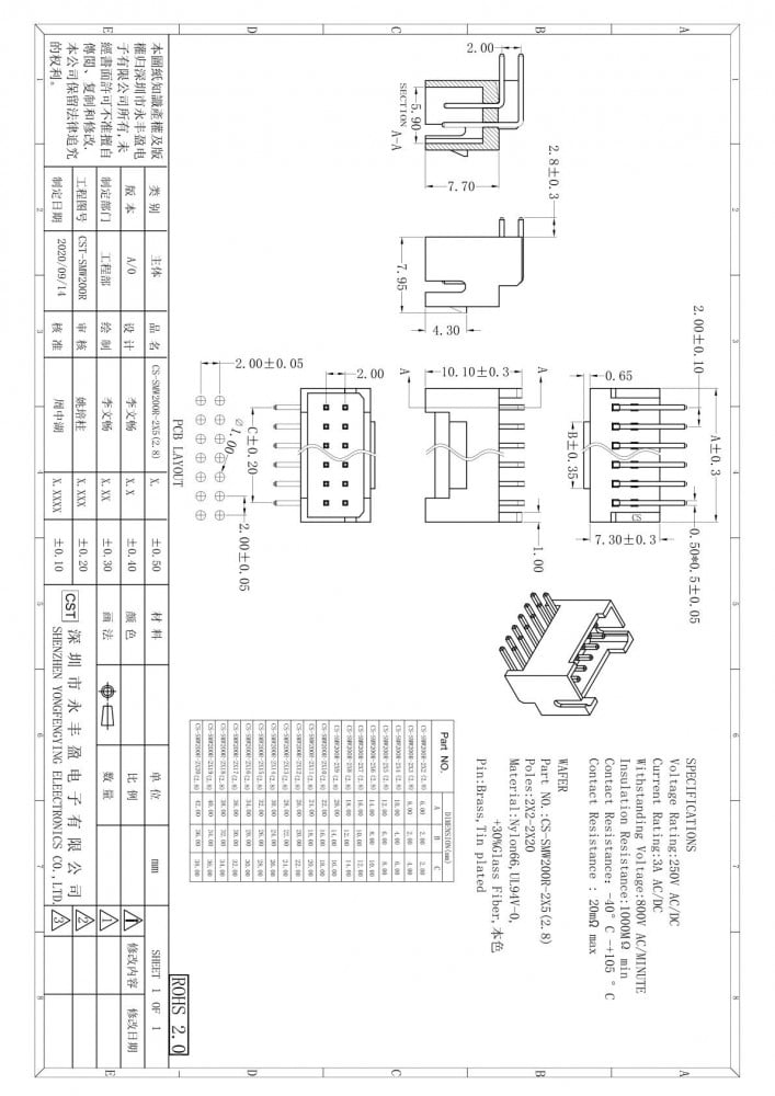 CST CS-SMW200R-2X5(2.8) engineering drawing and PCB layout