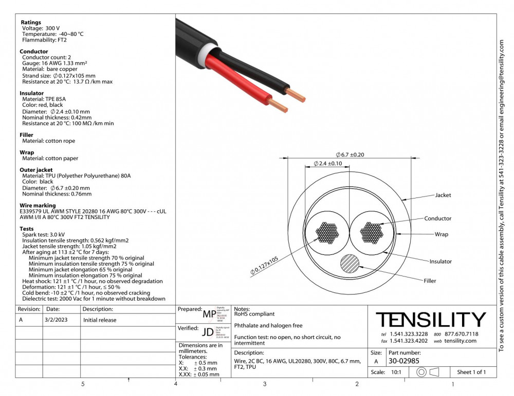Tensility International 30-02985 cable product drawing