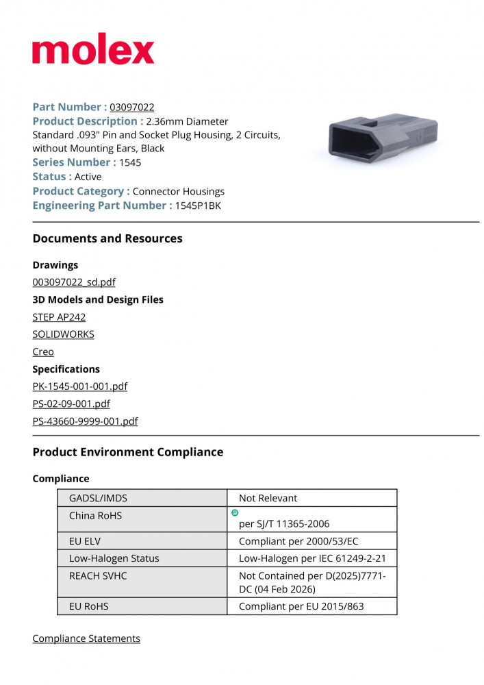 Molex .093 standard pin terminals document preview, page 1
