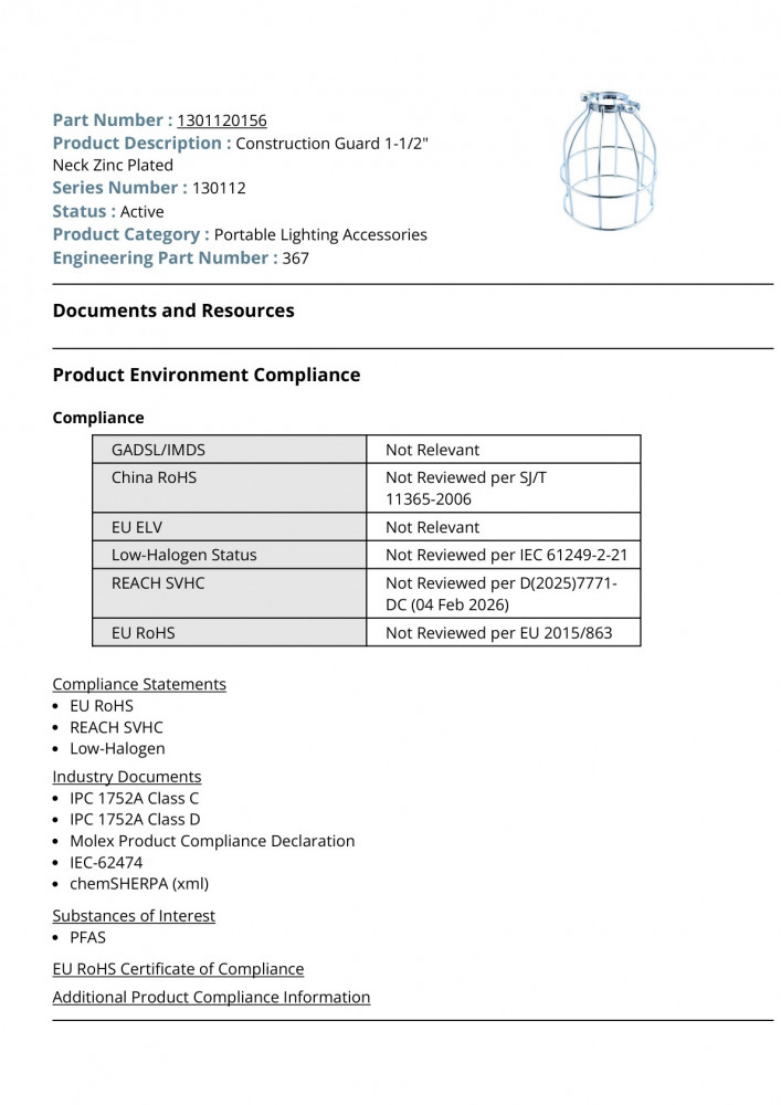 MOLEX 1301120156 product document image, page 1