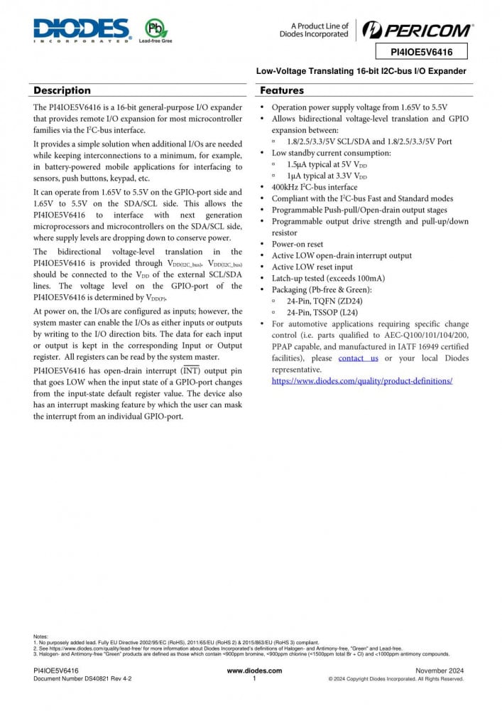 PI4IOE5V6416ZDEX datasheet page 1