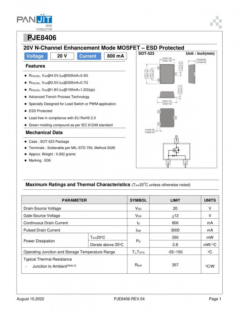 PJE8406 datasheet page 1