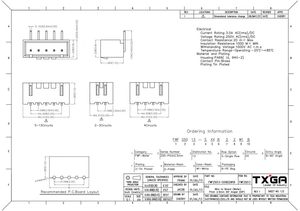 TXGA FWF25013-S10B22W1B technical drawing page 1