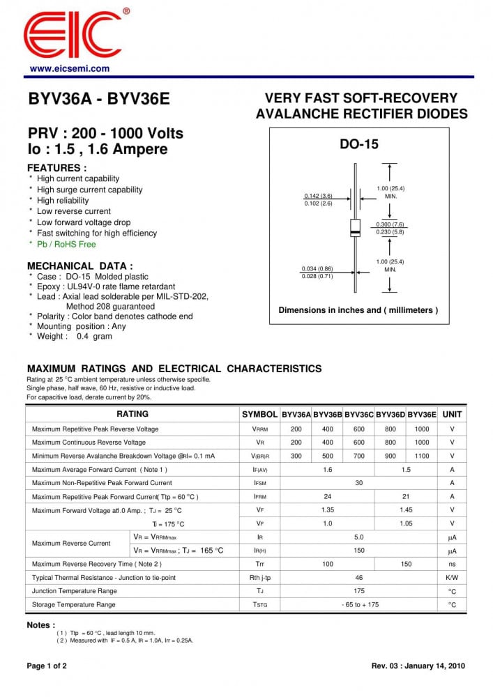 EIC BYV36C datasheet page 1