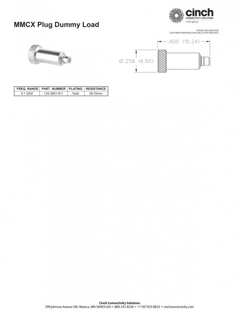Bel Fuse 135-3801-811 MMCX plug dummy load document page 1
