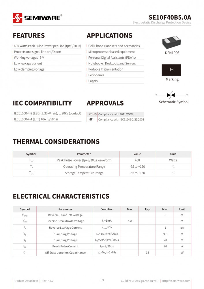 SE10F40B5.0A technical document page 1