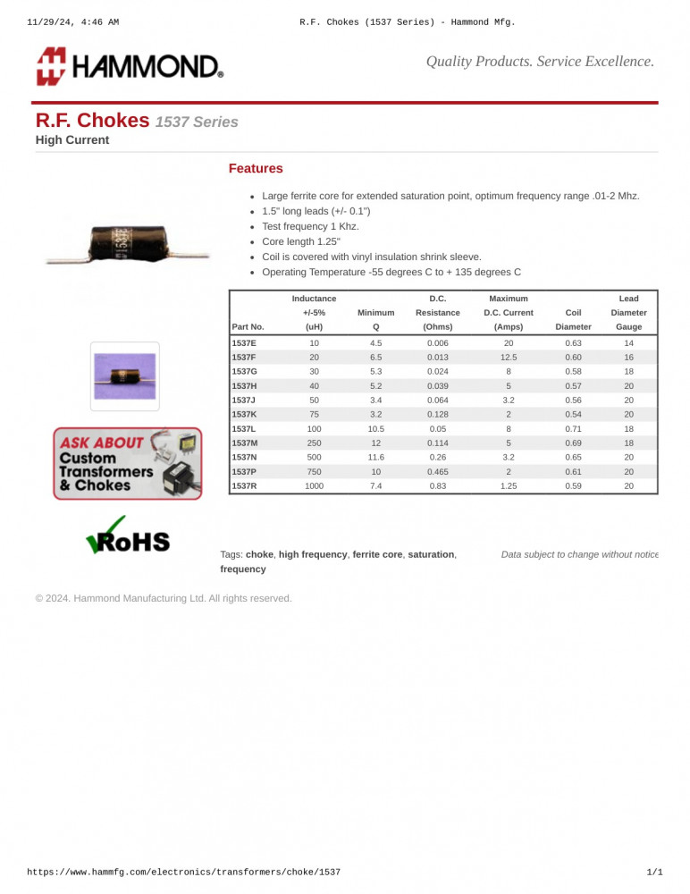 Hammond 1537 series technical document page 1