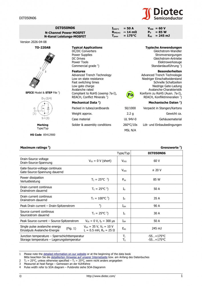 DIT050N06 datasheet page 1