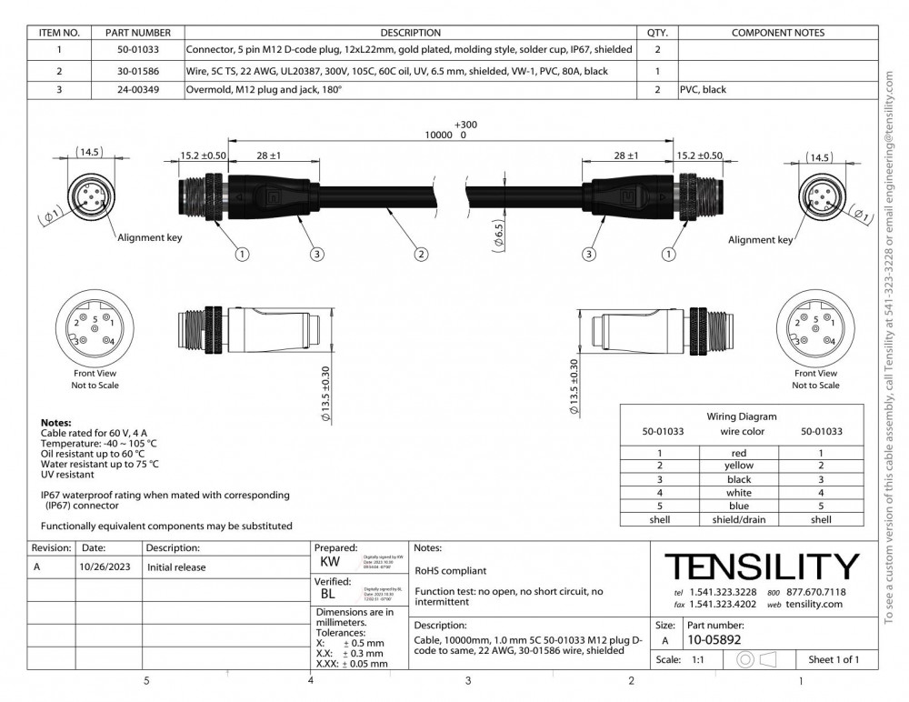 Tensility International 10-05892 cable assembly drawing