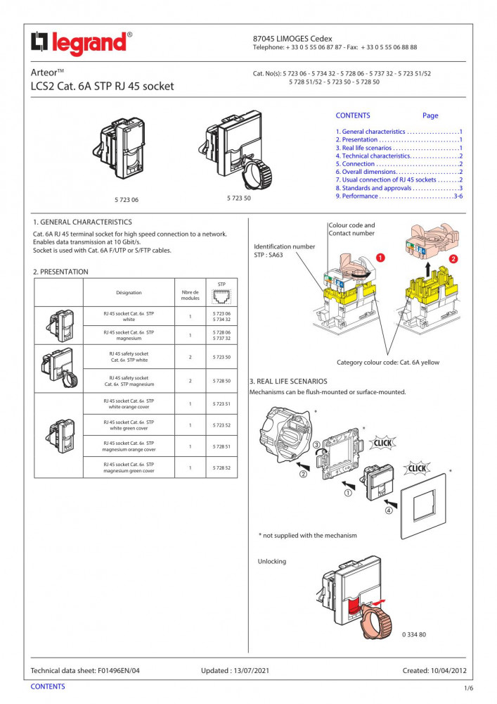 Legrand Arteor Cat. 6A STP RJ45 socket technical document, page 1