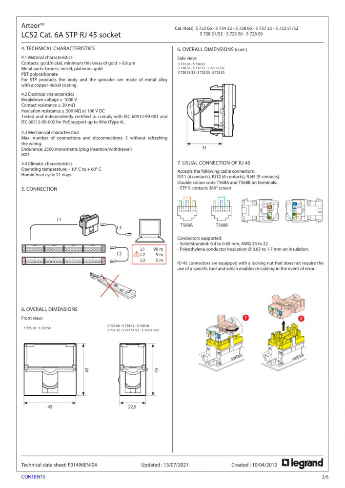 Legrand Arteor Cat. 6A STP RJ45 socket technical document, page 2