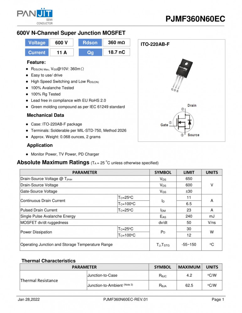 PJMF360N60EC datasheet page 1