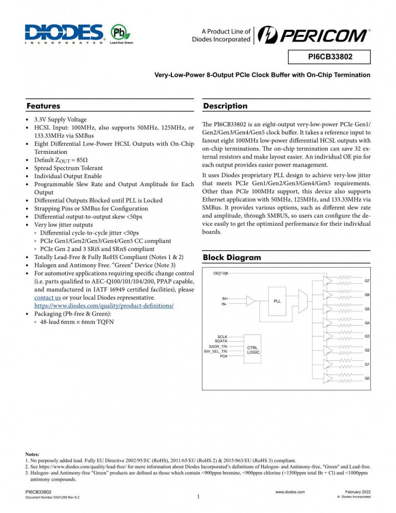 PI6CB33802 datasheet page 1