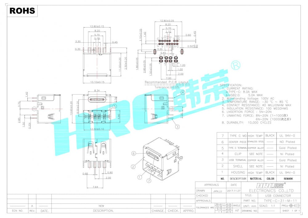 TYPE-C-31-M-11 USB connector technical drawing