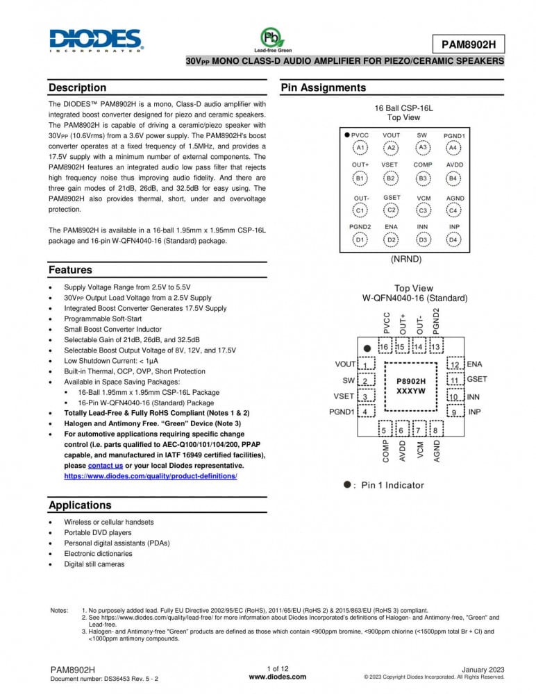 PAM8902H datasheet page 1