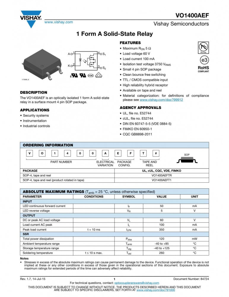 VO1400AEFTR datasheet page 1