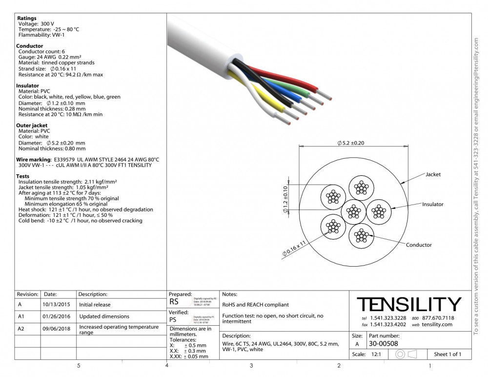 Tensility International 30-00508 cable drawing and specification page