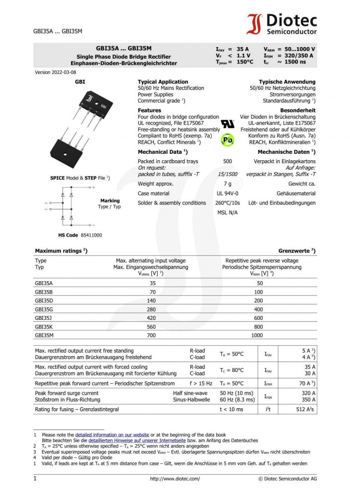 DIOTEC GBI35J datasheet page 1