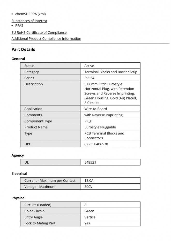 Technical document page 2 for the ESE Eurostyle terminal block family