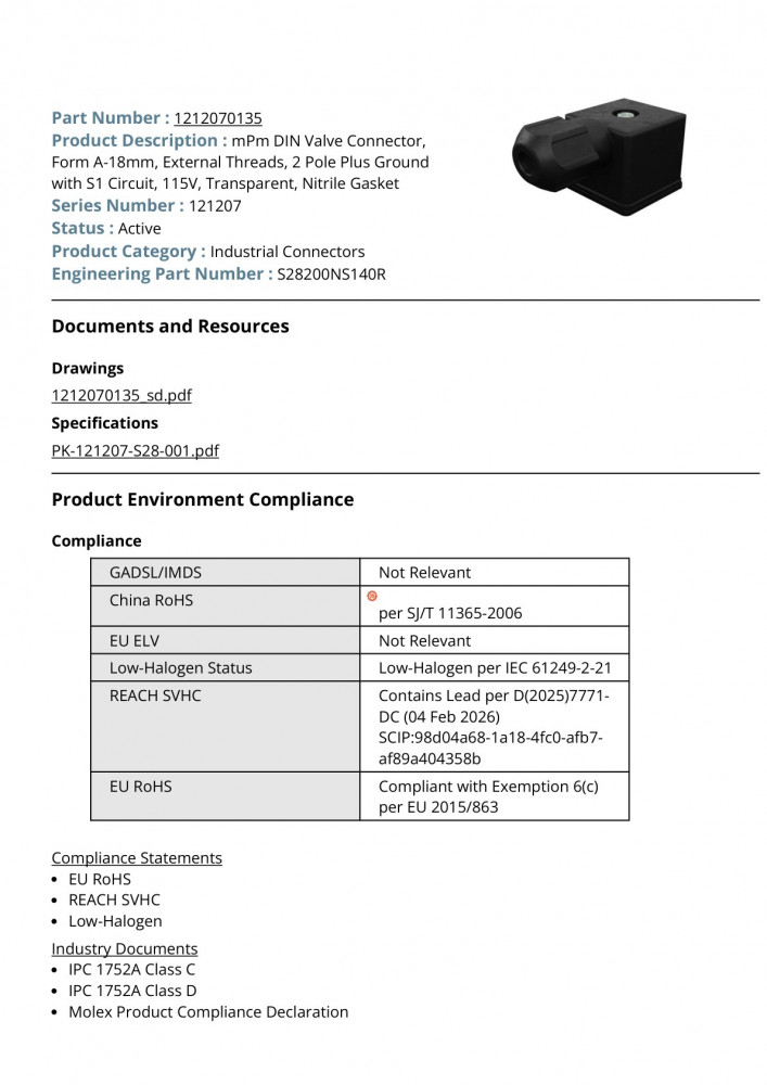 Molex S28 DIN valve connector packaging specification, page image 1