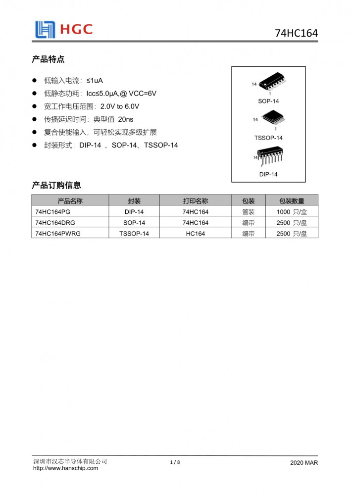 74HC164DRG datasheet page 1