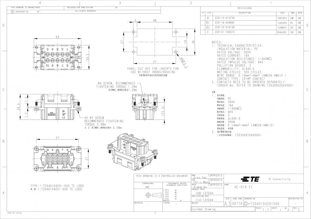 TE Connectivity T2040104201-000 drawing page 1