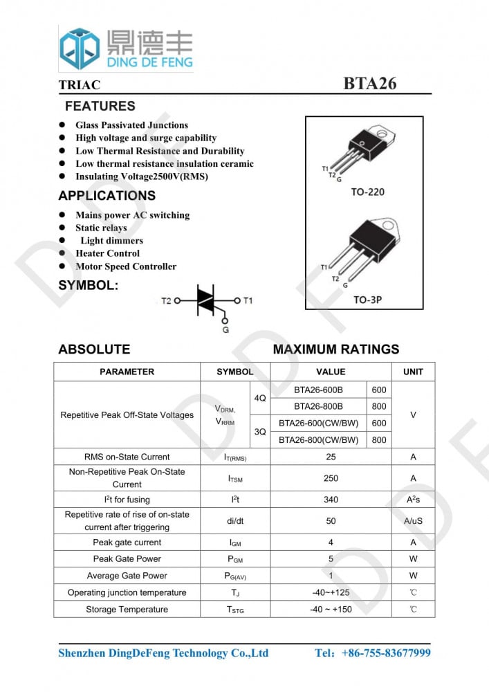 DDF BTA26-600BW datasheet page 1