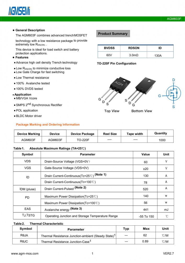 AGM603F datasheet page 1