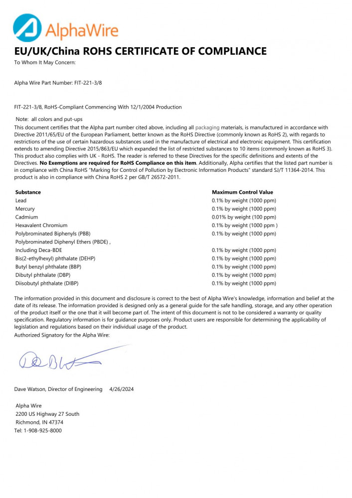 Alpha Wire FIT-221-3/8 RoHS certificate page