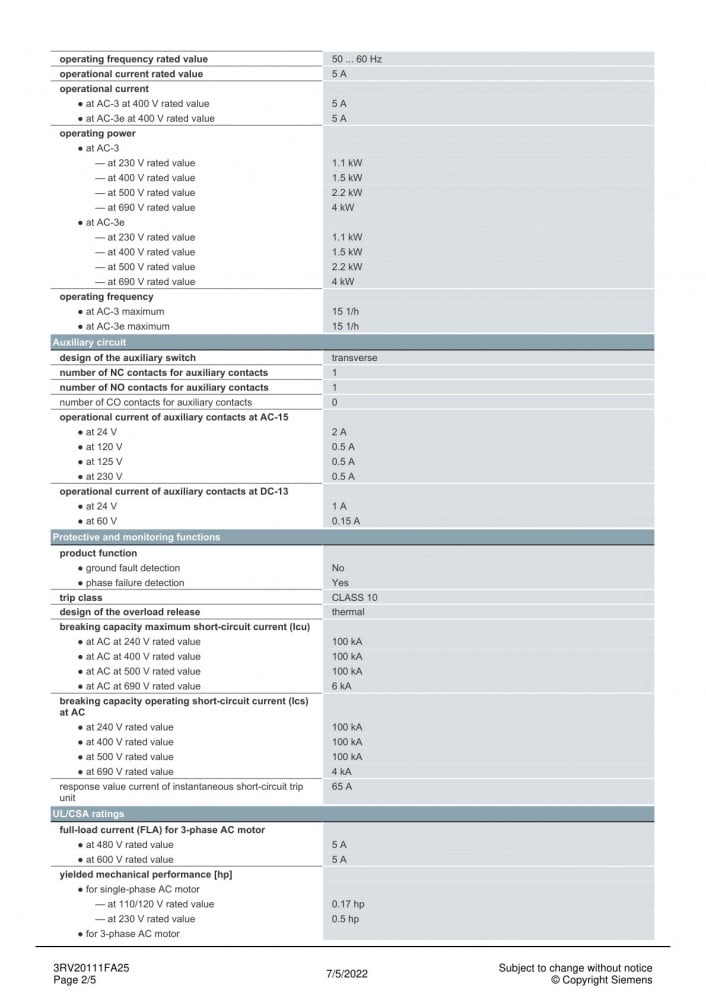 3RV20111FA25 technical document page 2
