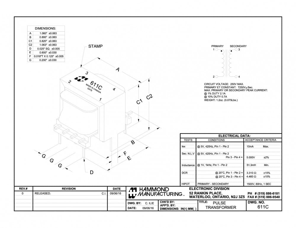 Hammond 611C pulse transformer drawing