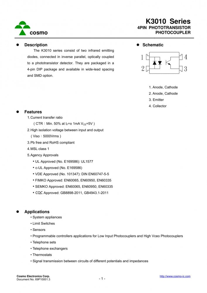 Cosmo K30101C datasheet page 1