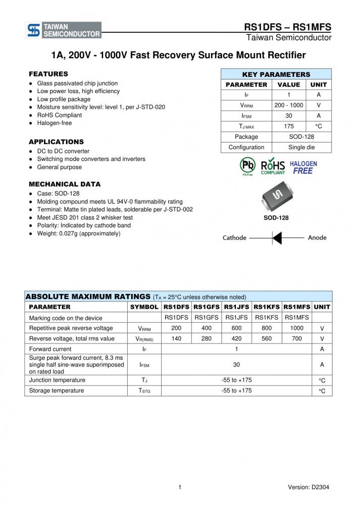 RS1KFS manufacturer datasheet page 1