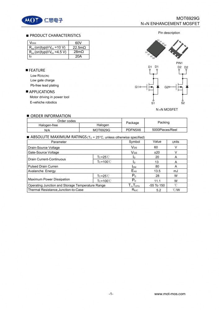 MOT6929G datasheet page 1